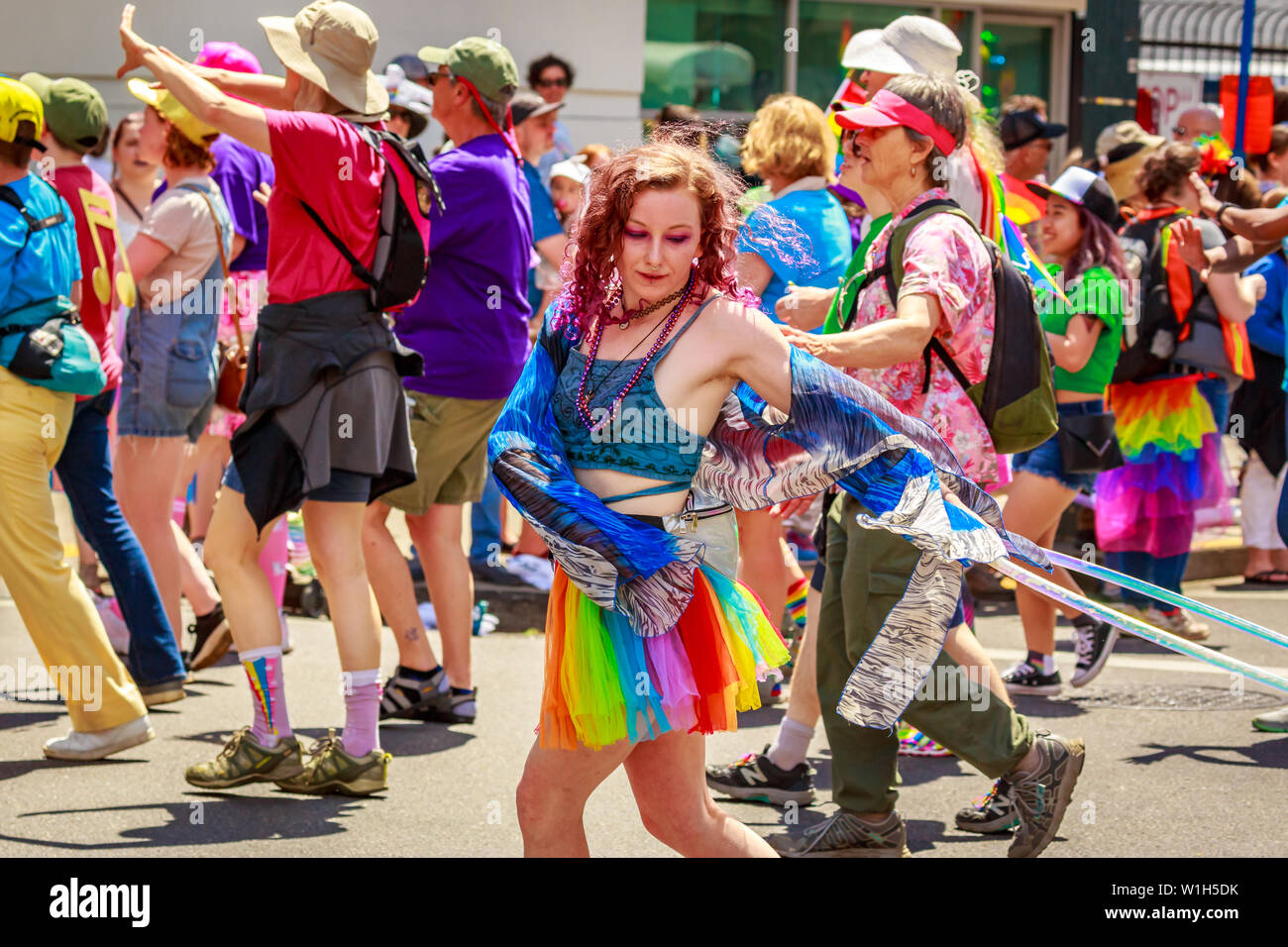 Portland, Oregon, USA - June 16, 2019: Diversified group of people in ...