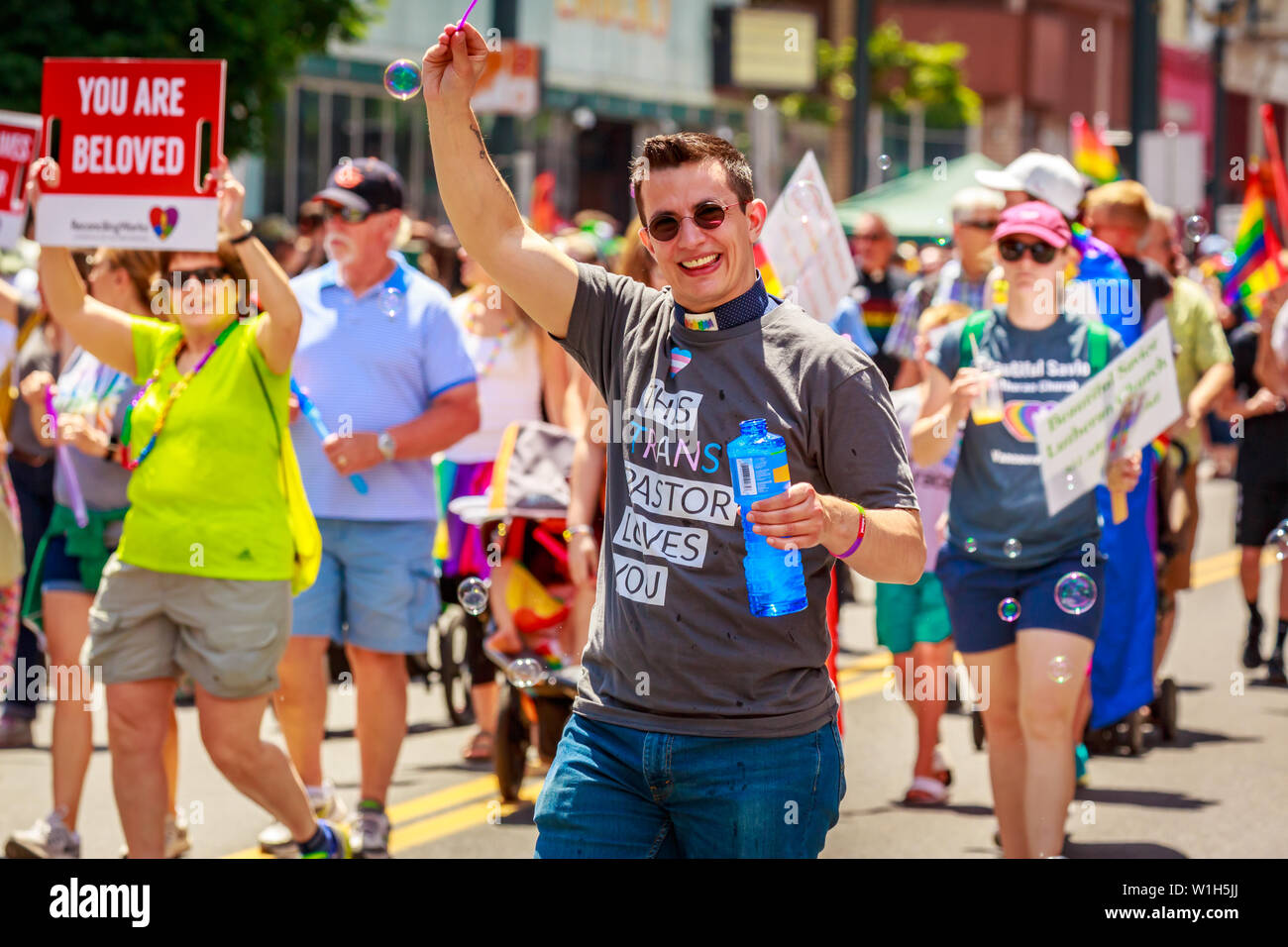 Portland, Oregon, USA - June 16, 2019: Diversified group of people in ...