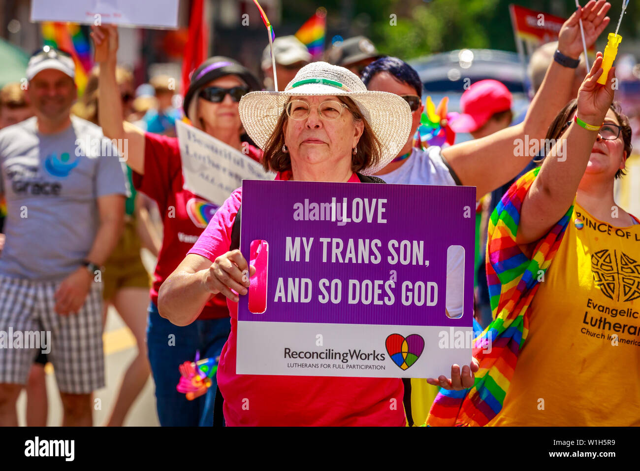 Portland, Oregon, USA - June 16, 2019: Diversified group of people in ...