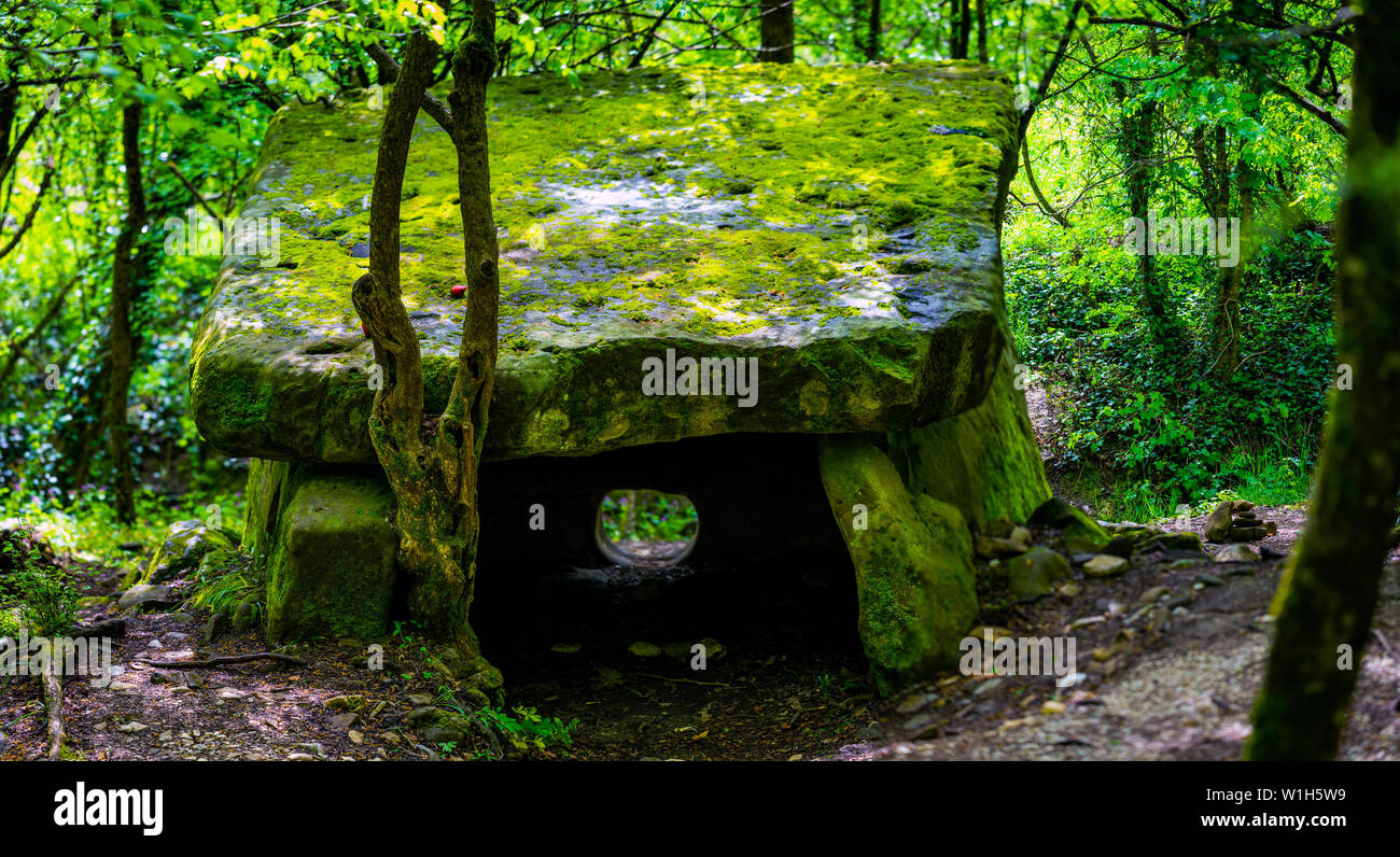 A Magic dolmen or table-stone covered by moss in Russian mountain ...