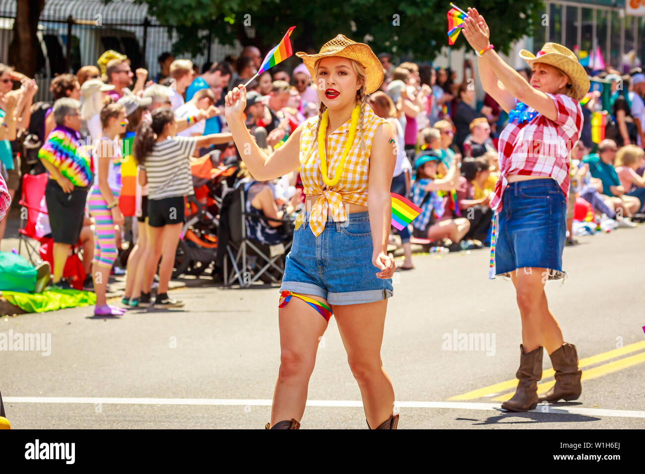 Portland, Oregon, USA - June 16, 2019: Diversified group of people in ...