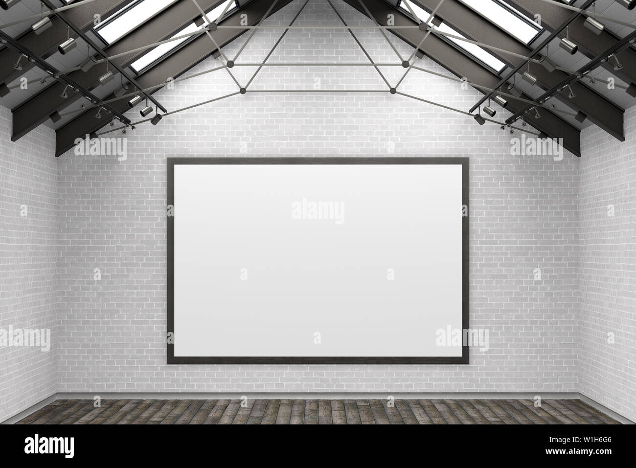 Blank large horizontal poster mockup on the white brick wall in the ...