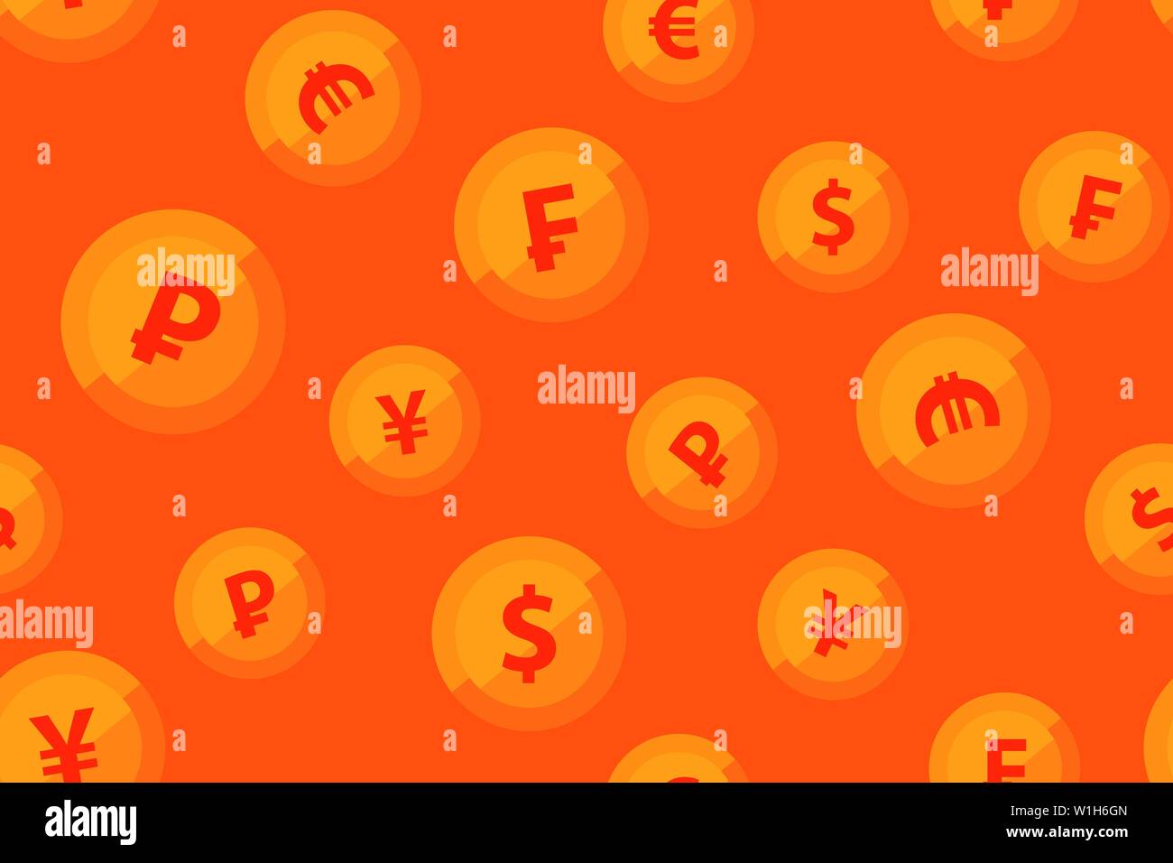 Vector background orange color with golden coins of popular currencies ...