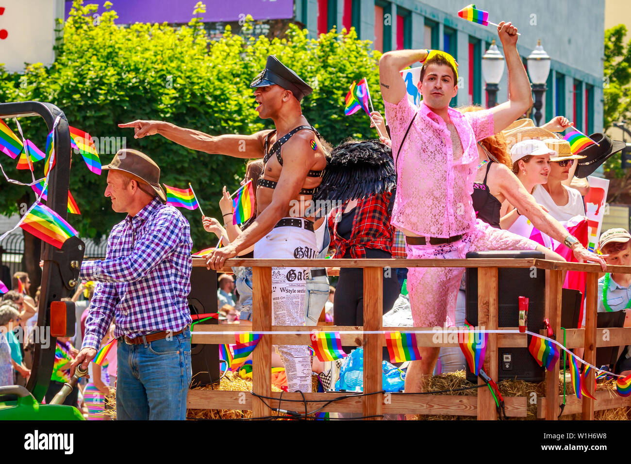 Portland, Oregon, USA - June 16, 2019: Diversified group of people in ...