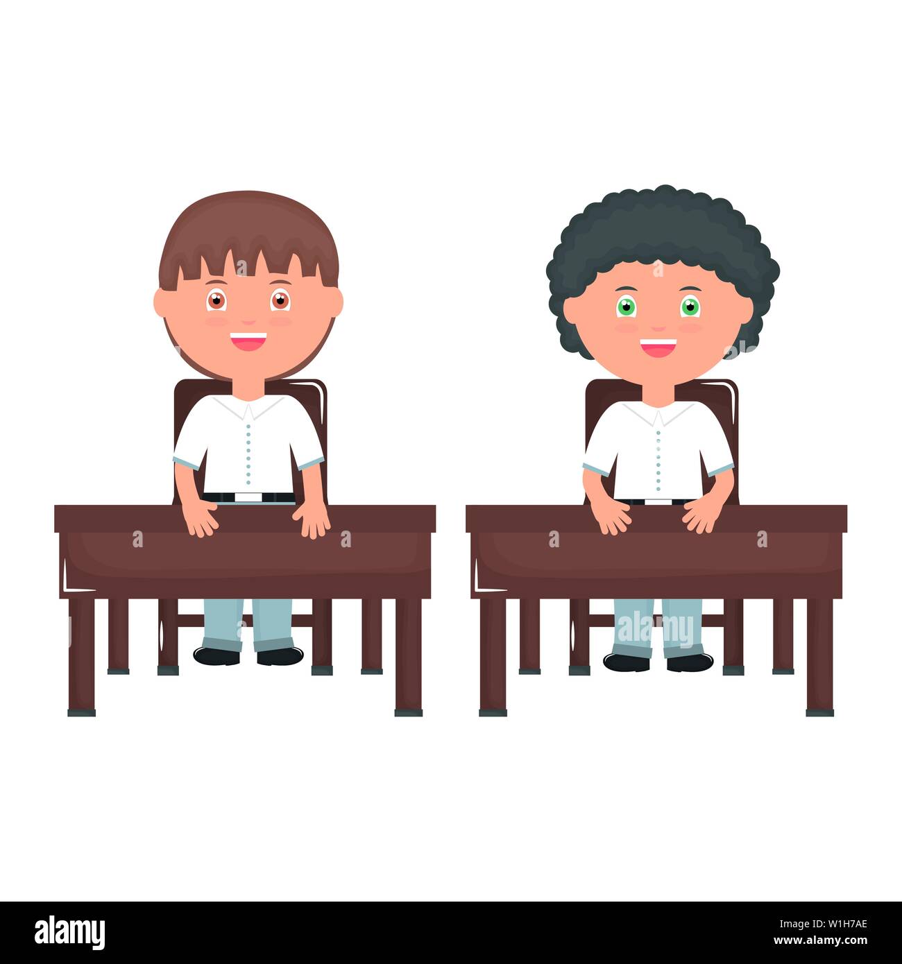 cute little students boys sitting in schooldesk vector illustration ...