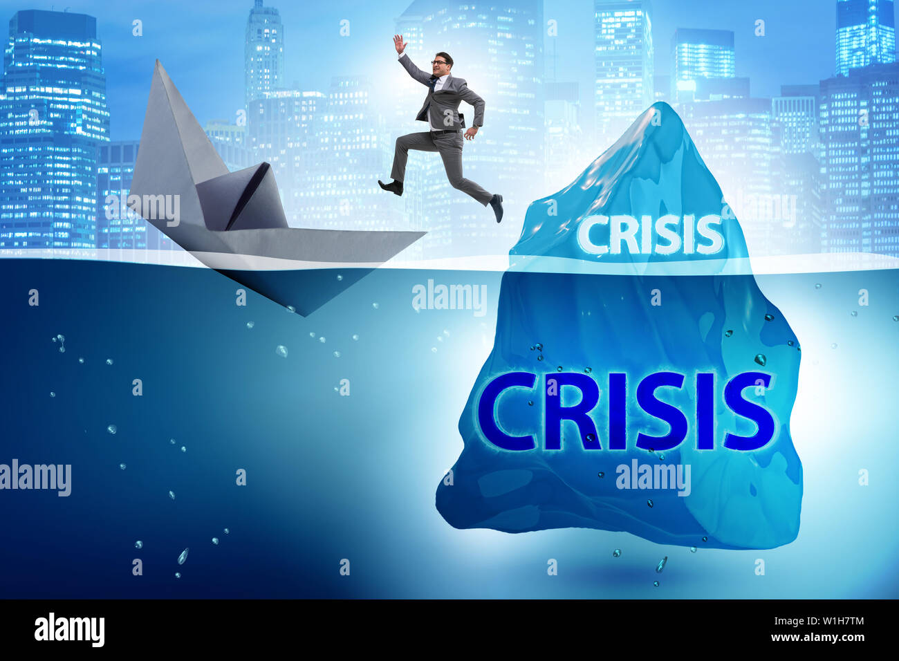 Crisis concept with businessman on iceberg Stock Photo - Alamy