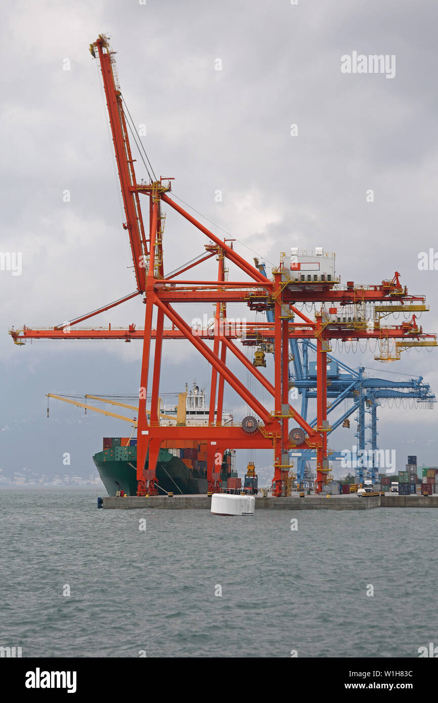 Container ship docked at port with gantry cranes loading containers hi ...