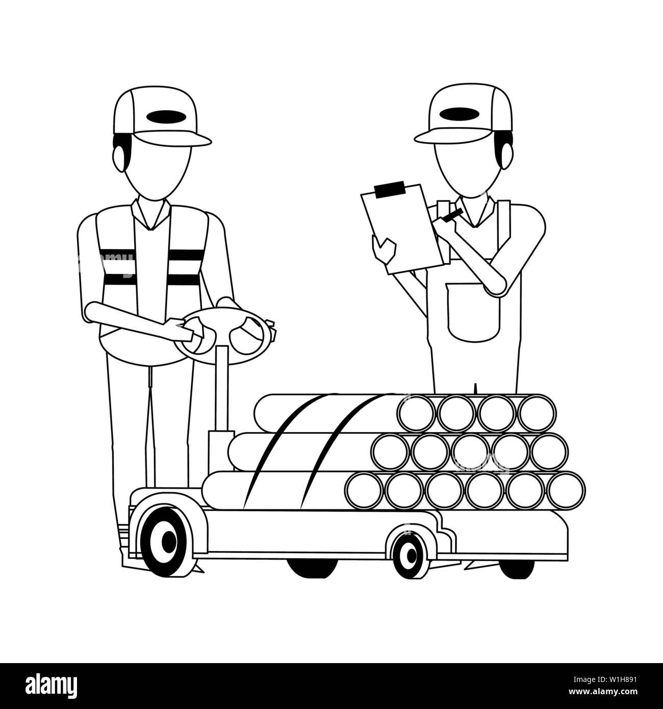 Warehouse workers with merchandise in black and white Stock Vector ...