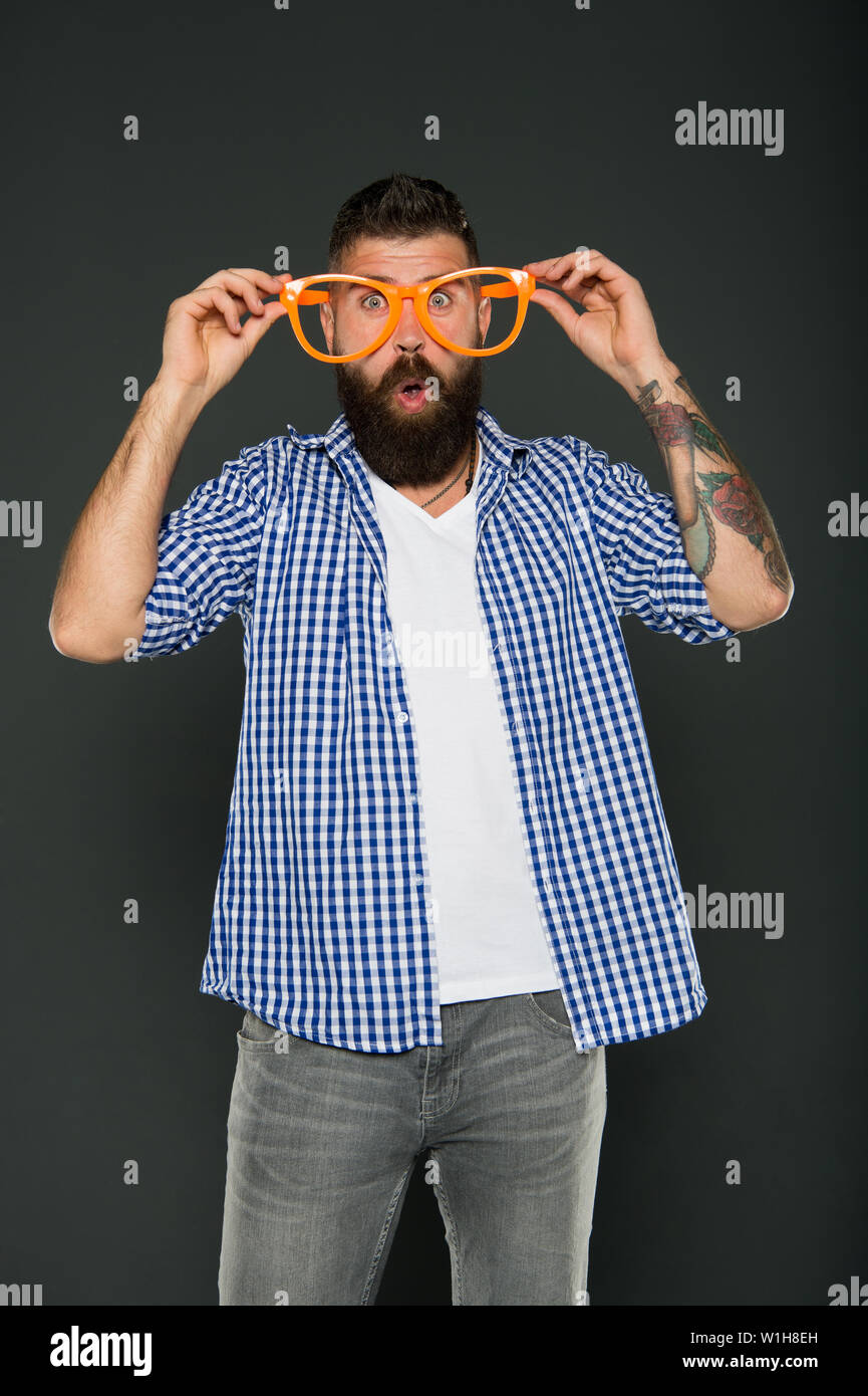 Super Crazy Surprise Crazy Hipster On Grey Background Surprised