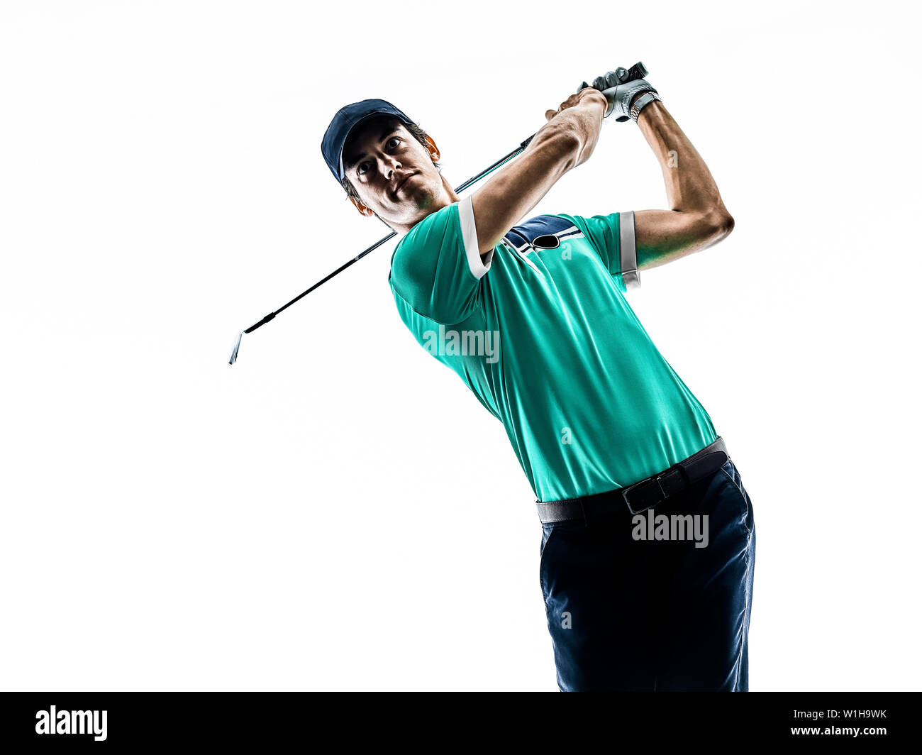 one young caucasian Man Golf golfer golfing isolated on white ...