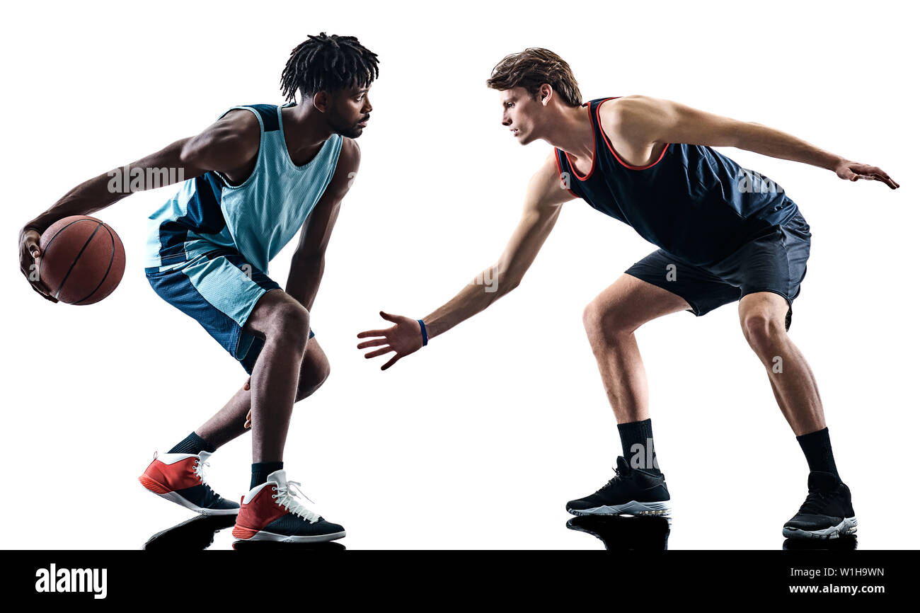 two basketball players men isolated in silhouette shadow on white ...