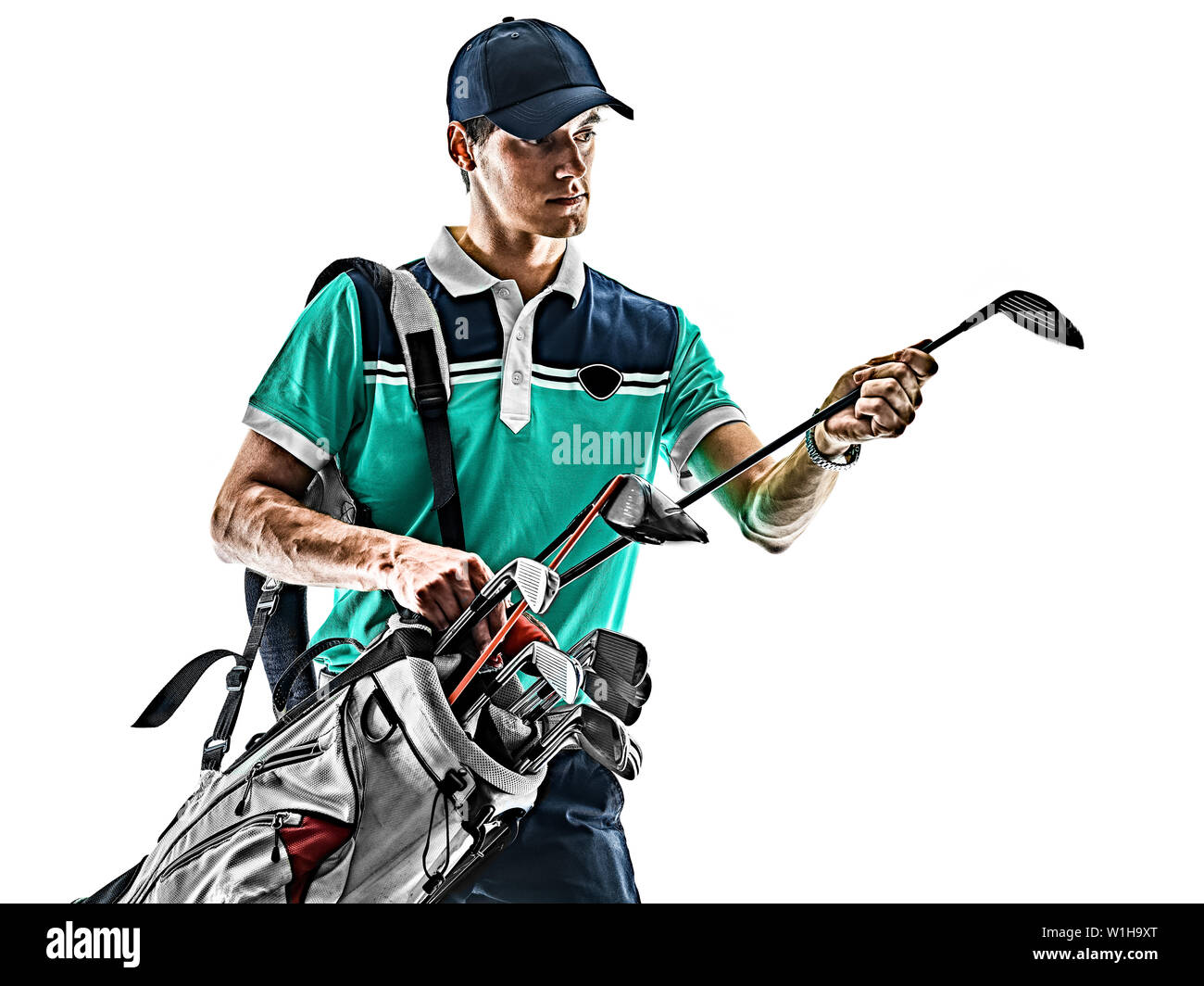 one young caucasian Man Golf golfer golfing isolated on white ...