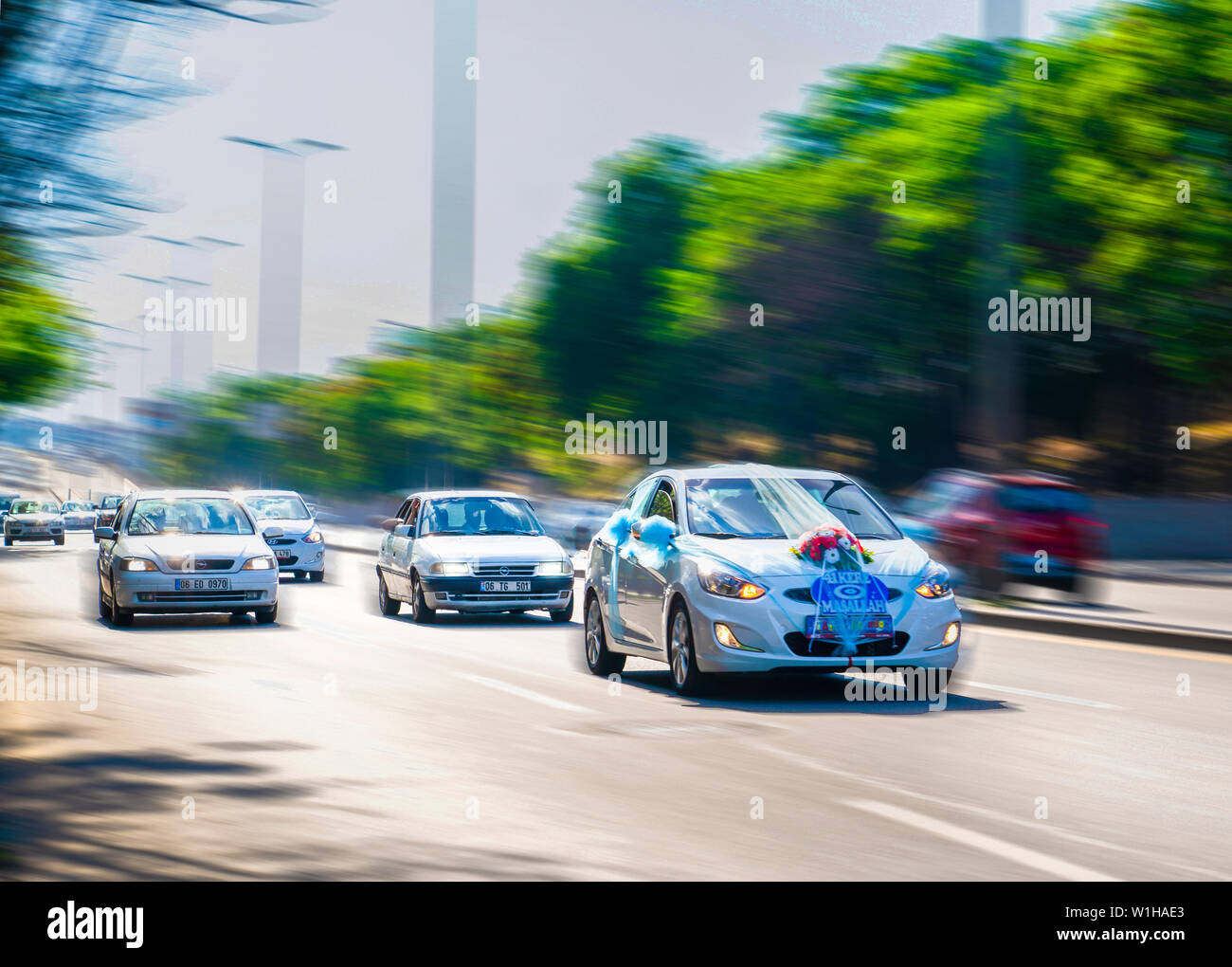 Ankara/Turkey-June 23 2019: Wedding convoy on the street with headlight ...
