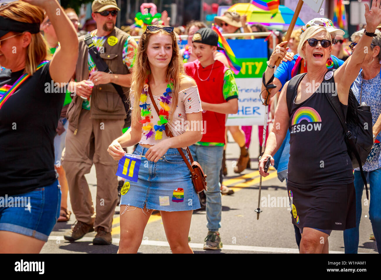 Portland, Oregon, USA - June 16, 2019: Diversified group of people in ...