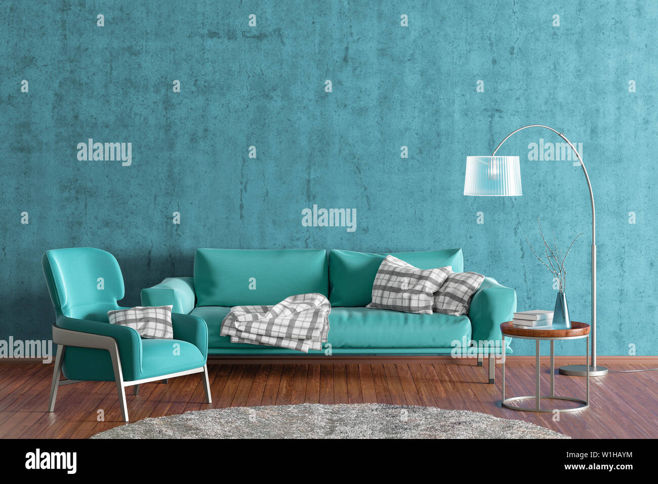 Interior of modern living room with turquoise concrete wall and wooden ...