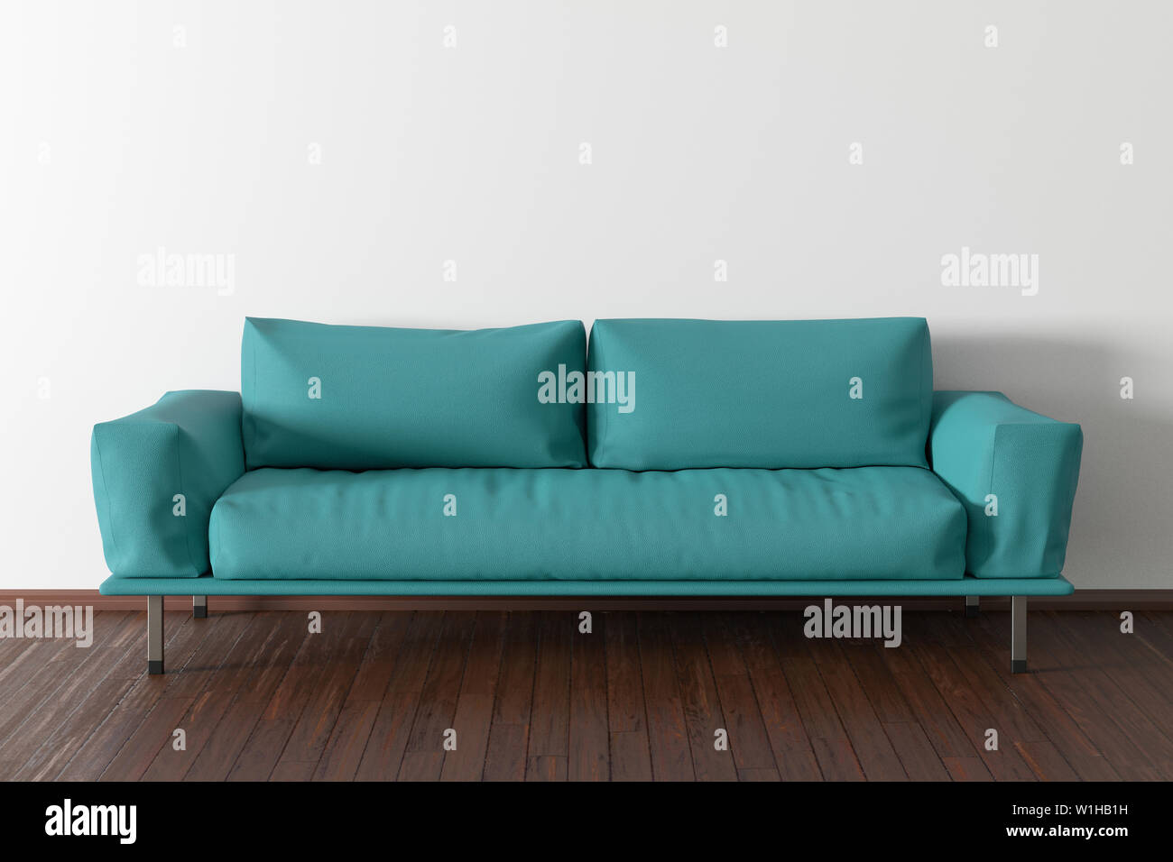 Cyan leather couch in interior of living room with wooden flooring and ...
