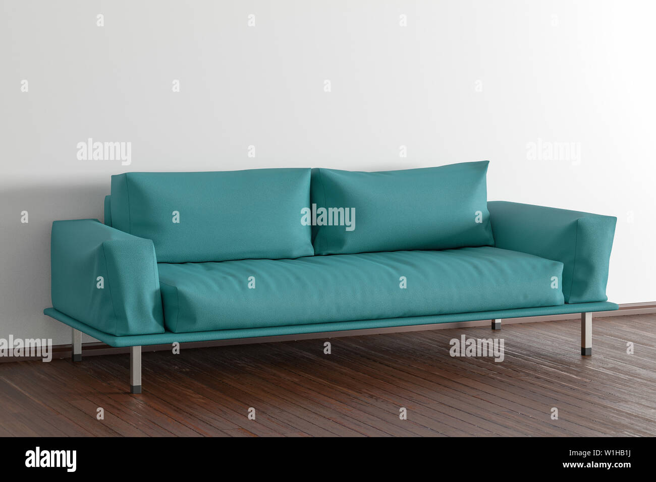 Cyan leather couch in interior of living room with wooden flooring and ...