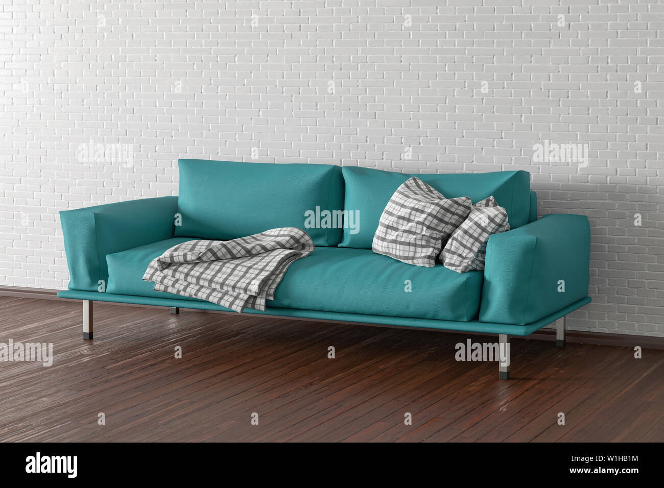 Cyan leather couch in interior of living room with wooden flooring and ...