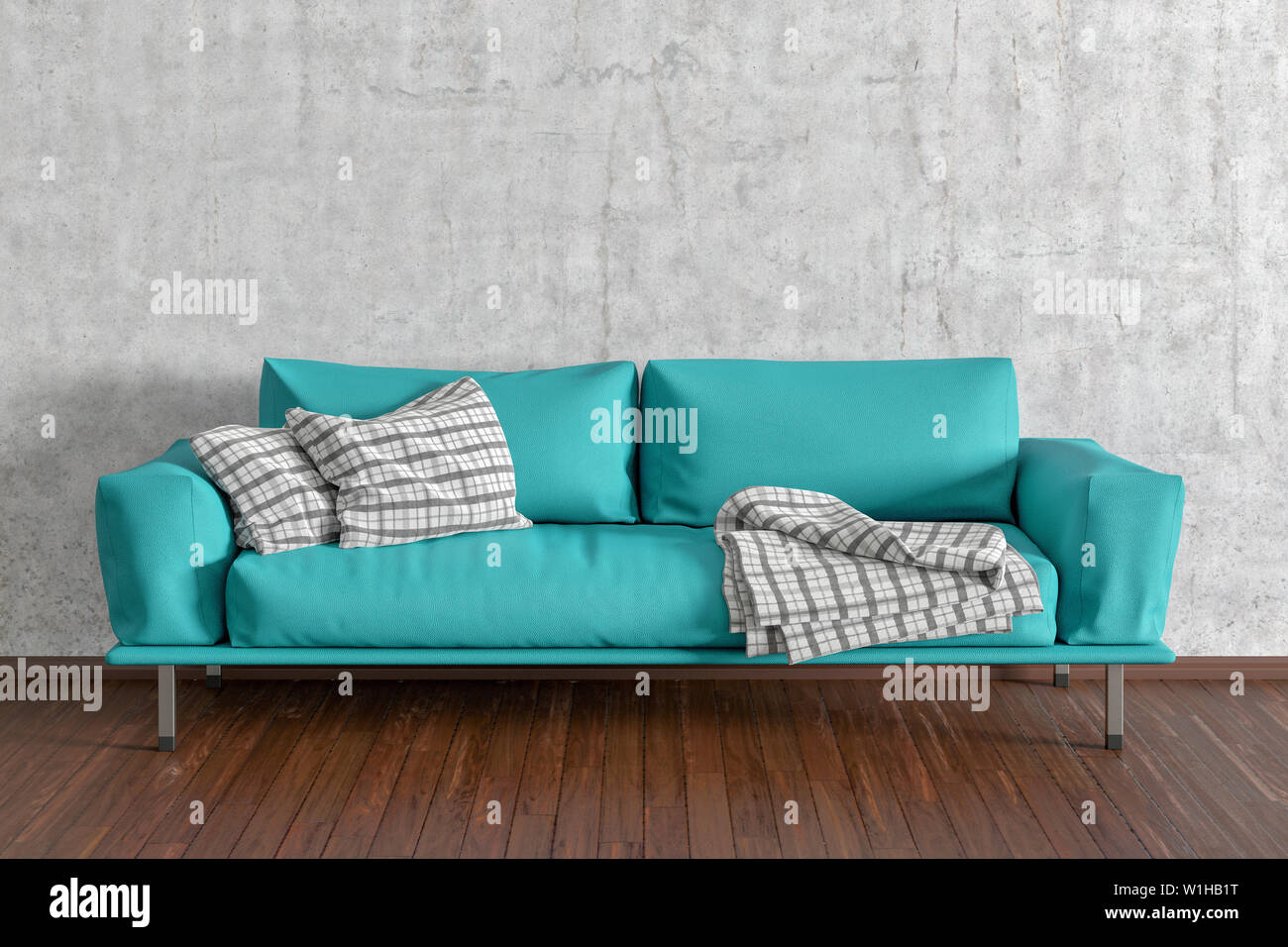 Cyan leather couch in interior of living room with wooden flooring and ...