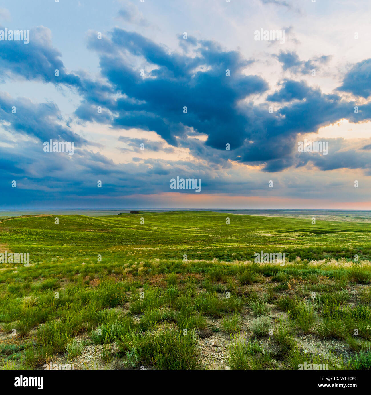 Scenic sunset with clouds in sky in steppe Stock Photo - Alamy