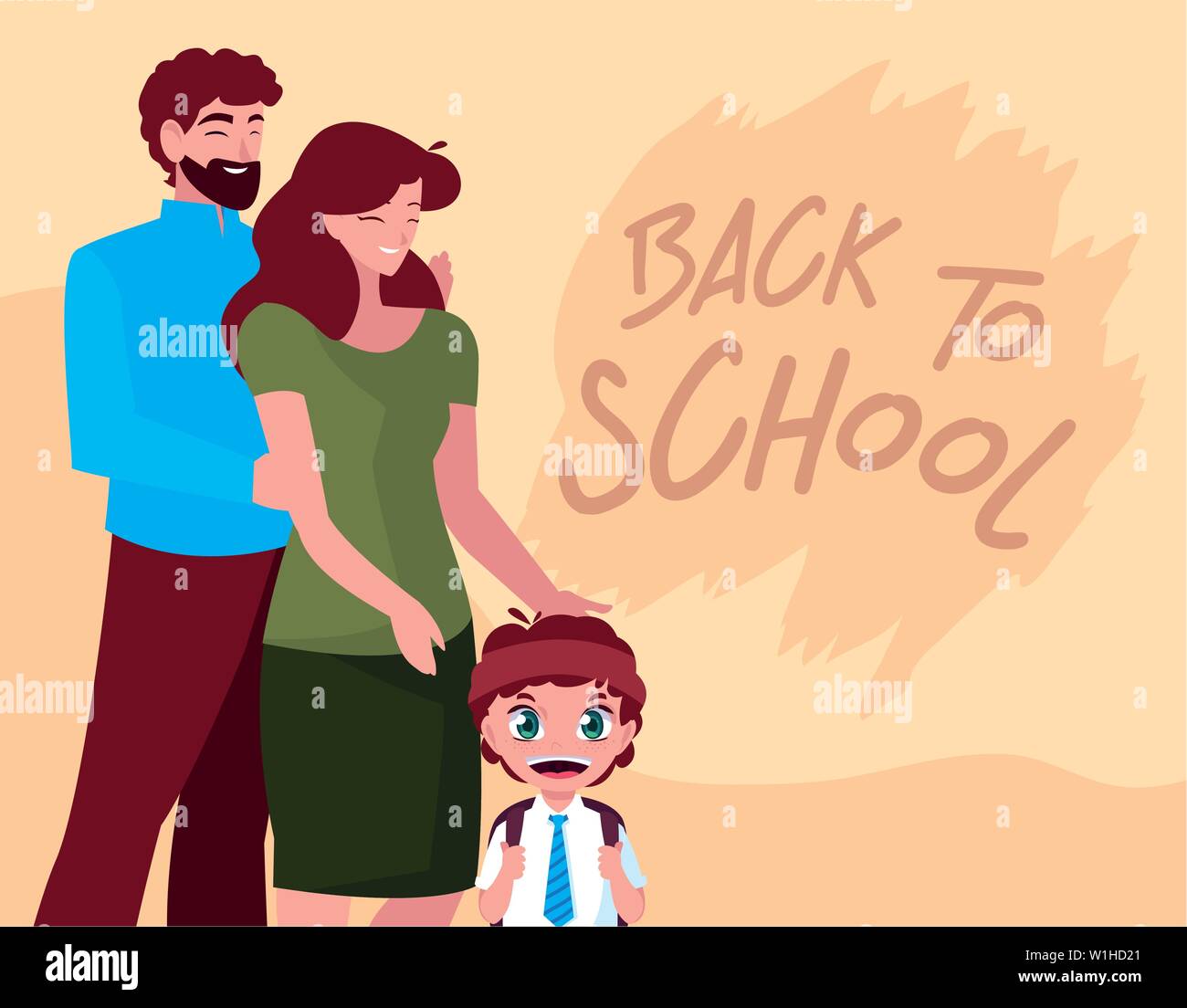 cute little student boy with parents in poster back to school vector ...