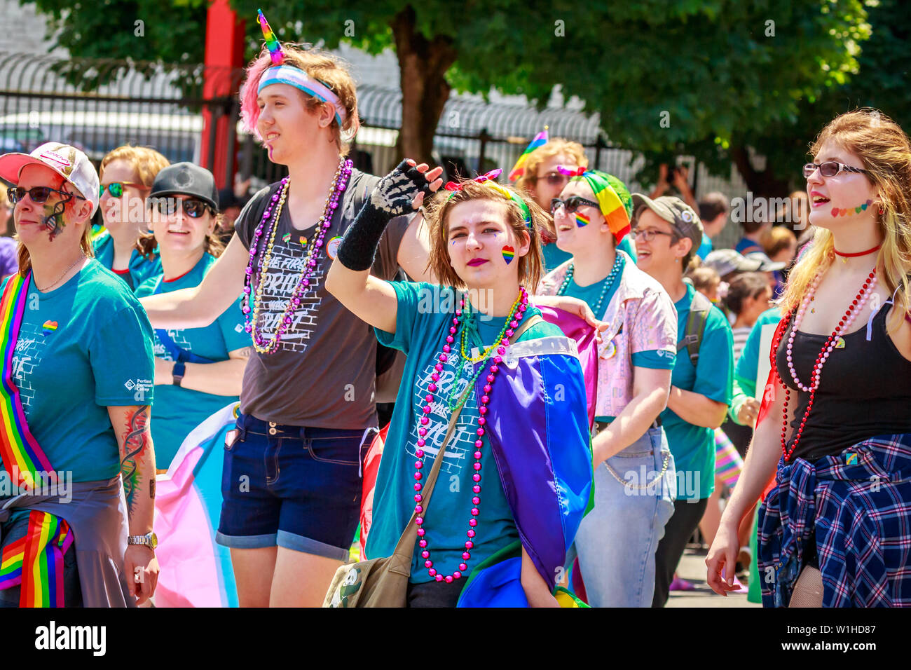 Portland, Oregon, USA - June 16, 2019: Diversified group of people in ...