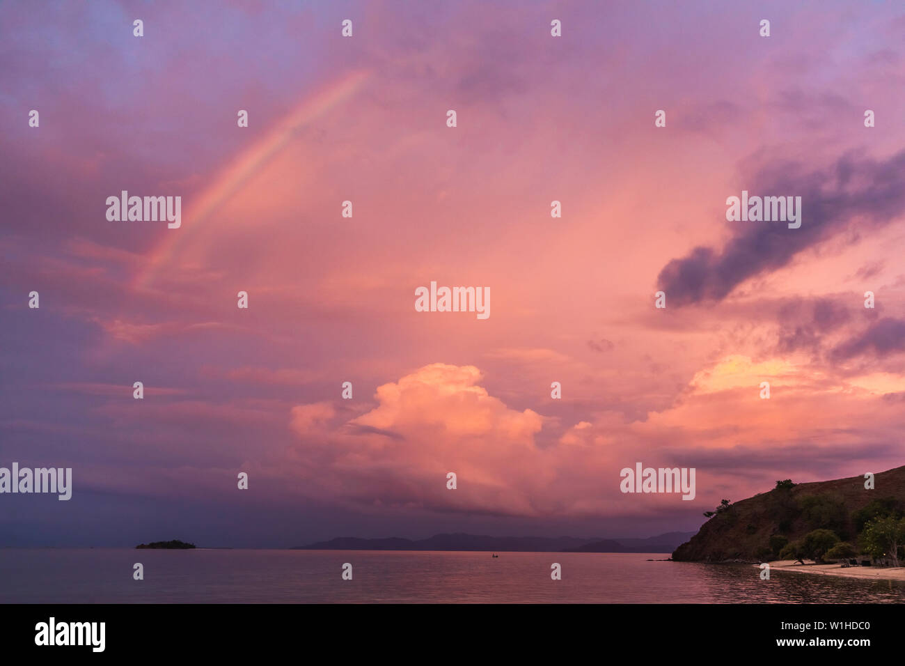 Amazing colorful sunset in pink living coral color with rainbow over ...