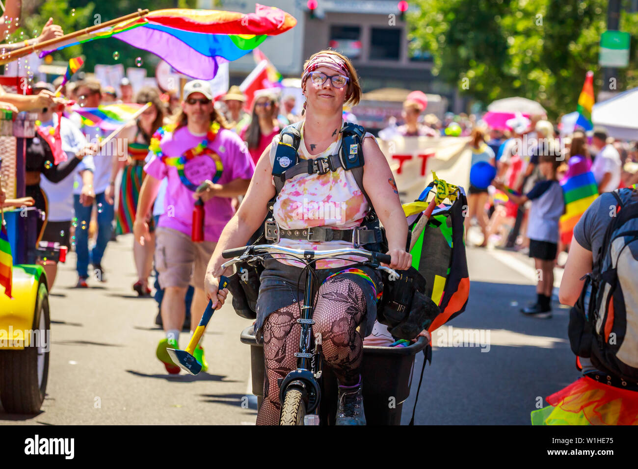Portland, Oregon, USA - June 16, 2019: Diversified group of people in ...