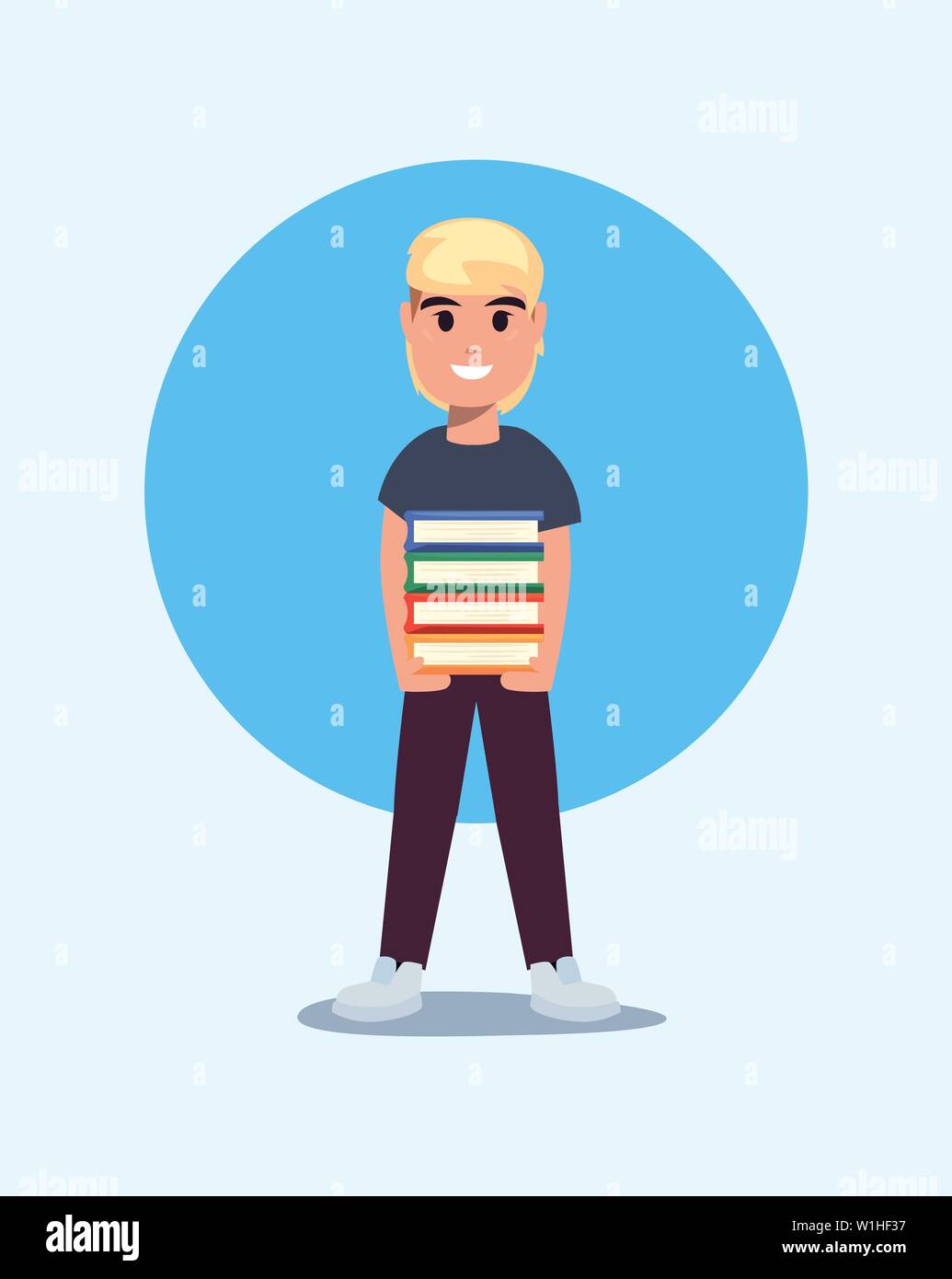 young student boy with books stacked back to school vector illustration ...