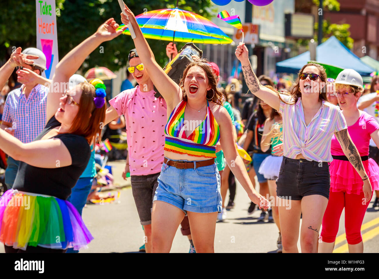 Portland, Oregon, USA - June 16, 2019: Diversified group of people in ...