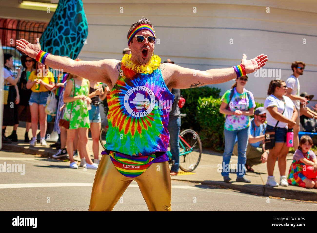 Portland, Oregon, USA - June 16, 2019: Diversified group of people in ...