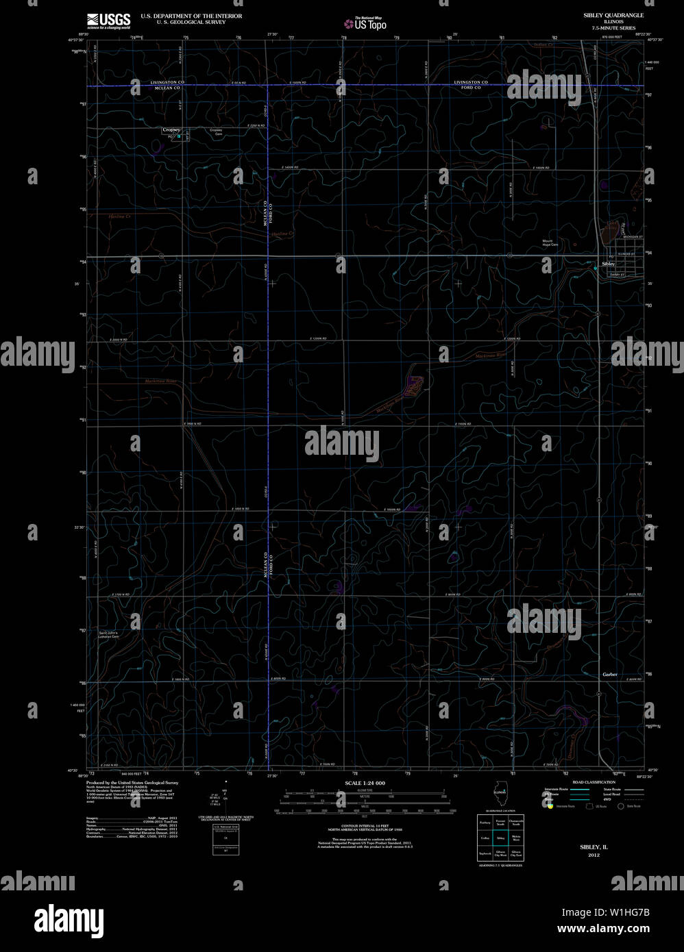 USGS TOPO Map Illinois IL Sibley 20120823 TM Inverted Restoration Stock ...