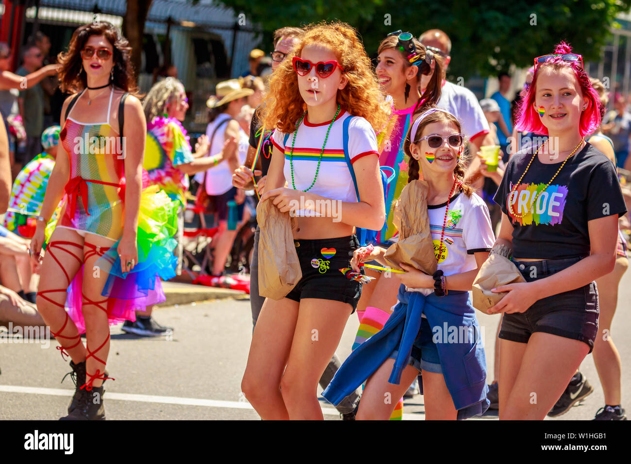 Portland, Oregon, USA - June 16, 2019: Diversified group of people in ...
