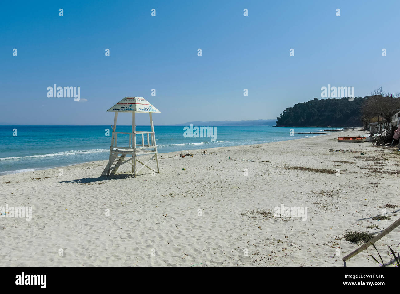 KALLITHEA, KASSANDRA, GREECE - MARCH 31, 2019: Panoramic view of beach ...