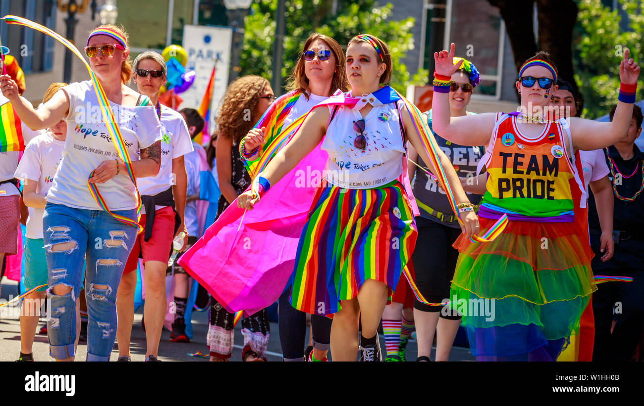Portland, Oregon, USA - June 16, 2019: Diversified group of people in ...