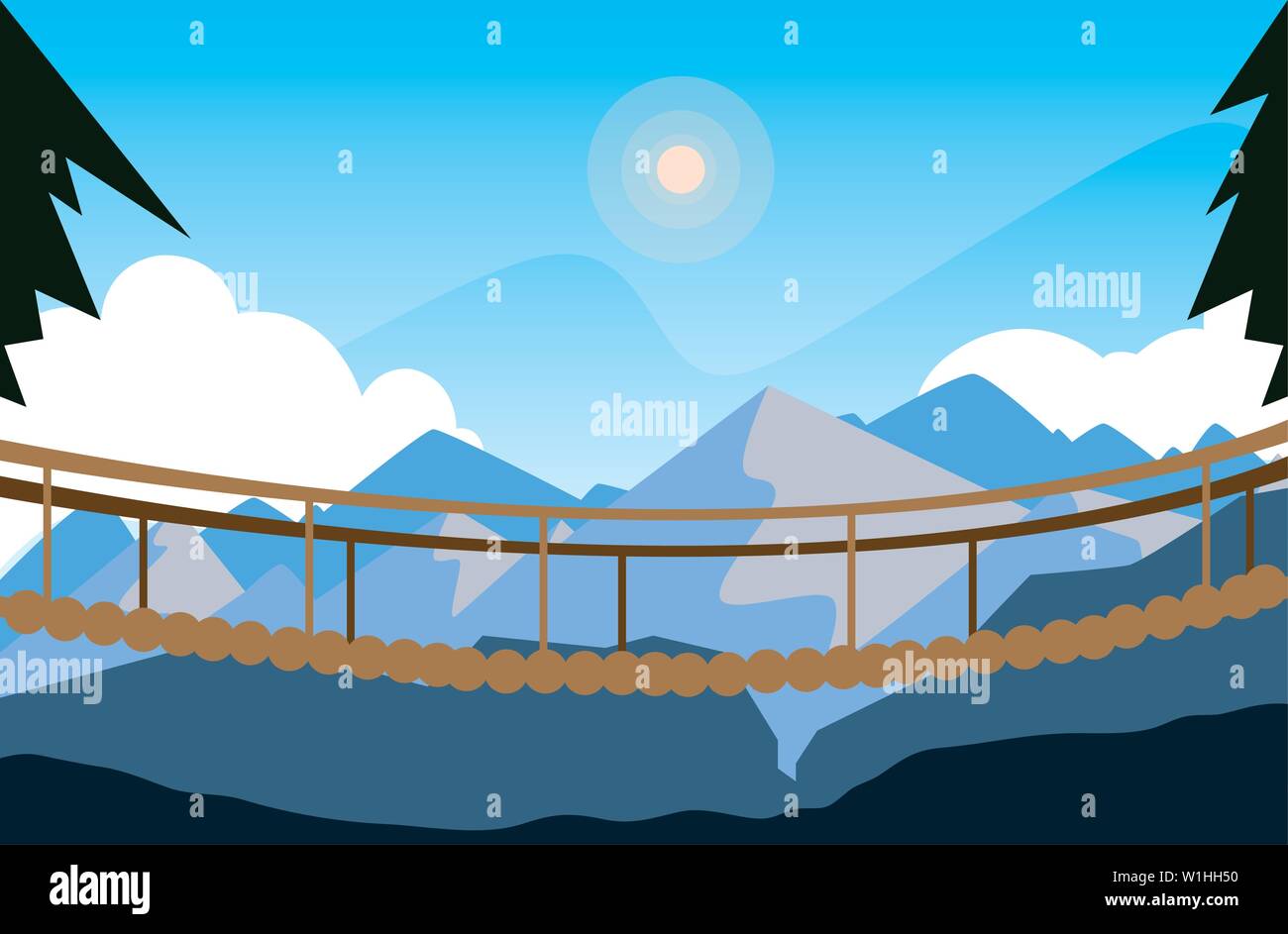 beautiful landscape scene with suspension bridge vector illustration ...