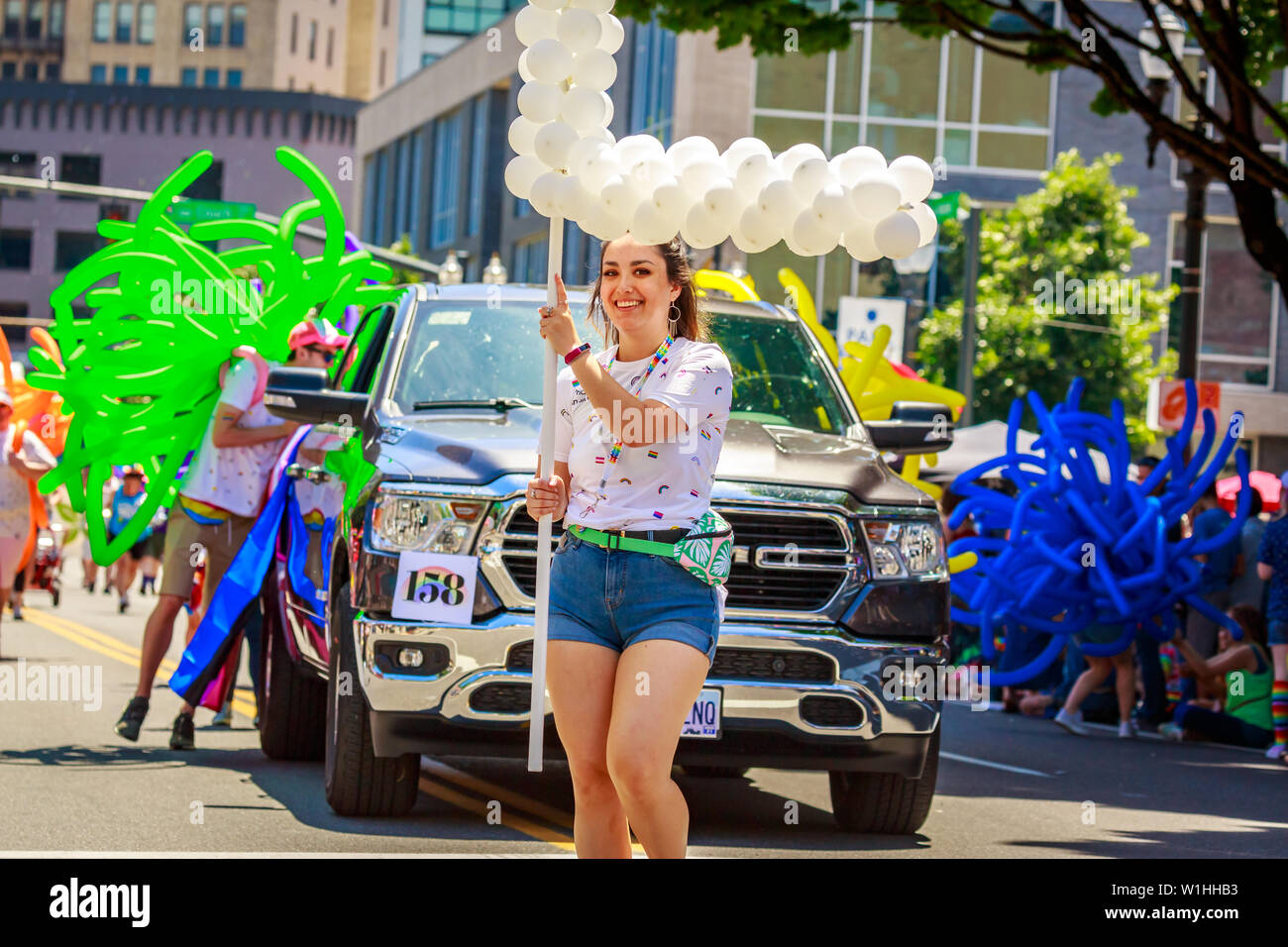 Portland, Oregon, USA - June 16, 2019: Diversified group of people in ...
