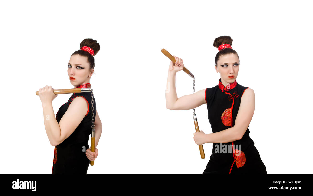 Funny woman with nunchucks isolated on white Stock Photo - Alamy