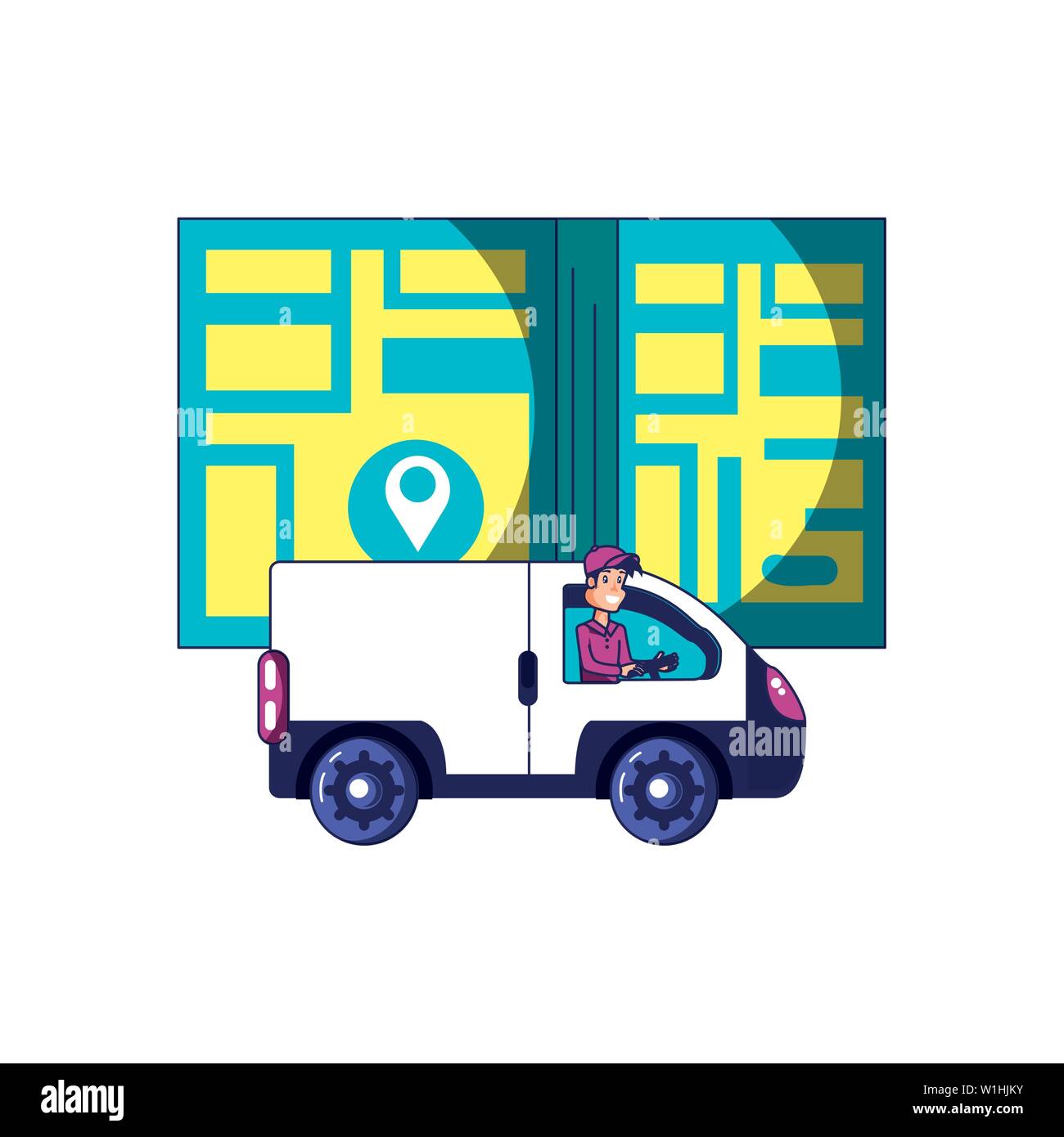 worker delivery service with van vehicle and map guide vector ...