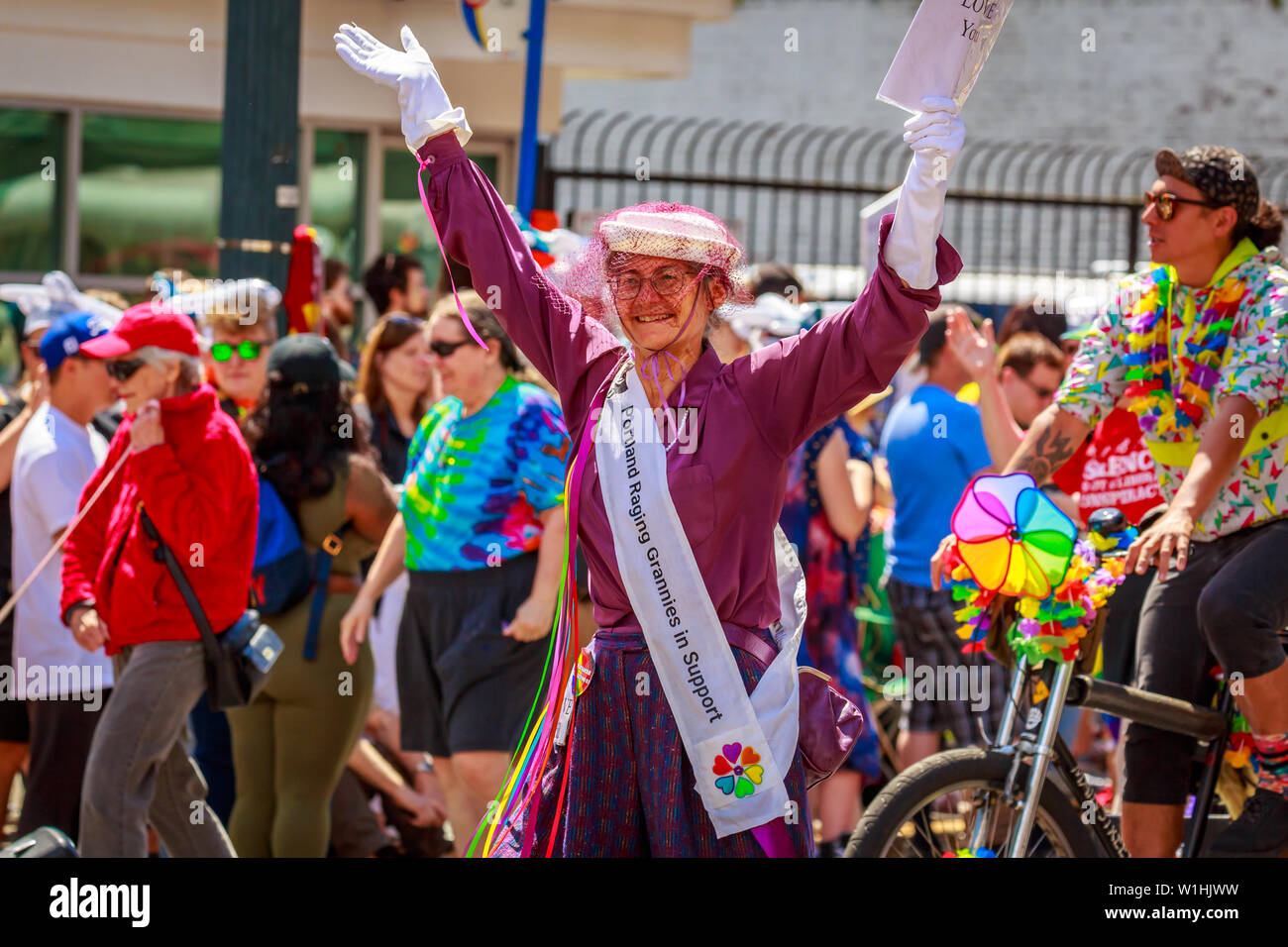 Portland, Oregon, USA - June 16, 2019: Diversified group of people in ...