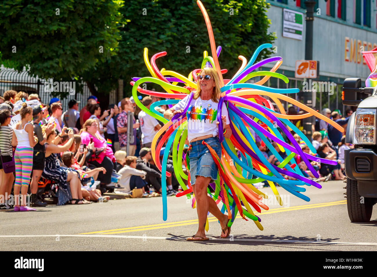 Portland, Oregon, USA - June 16, 2019: Diversified group of people in ...