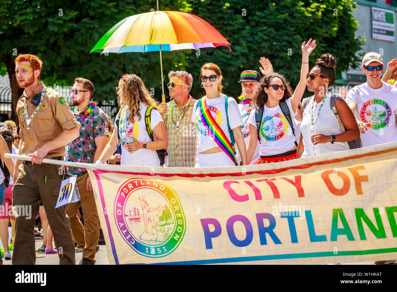 Portland, Oregon, USA - June 16, 2019: Diversified group of people in ...