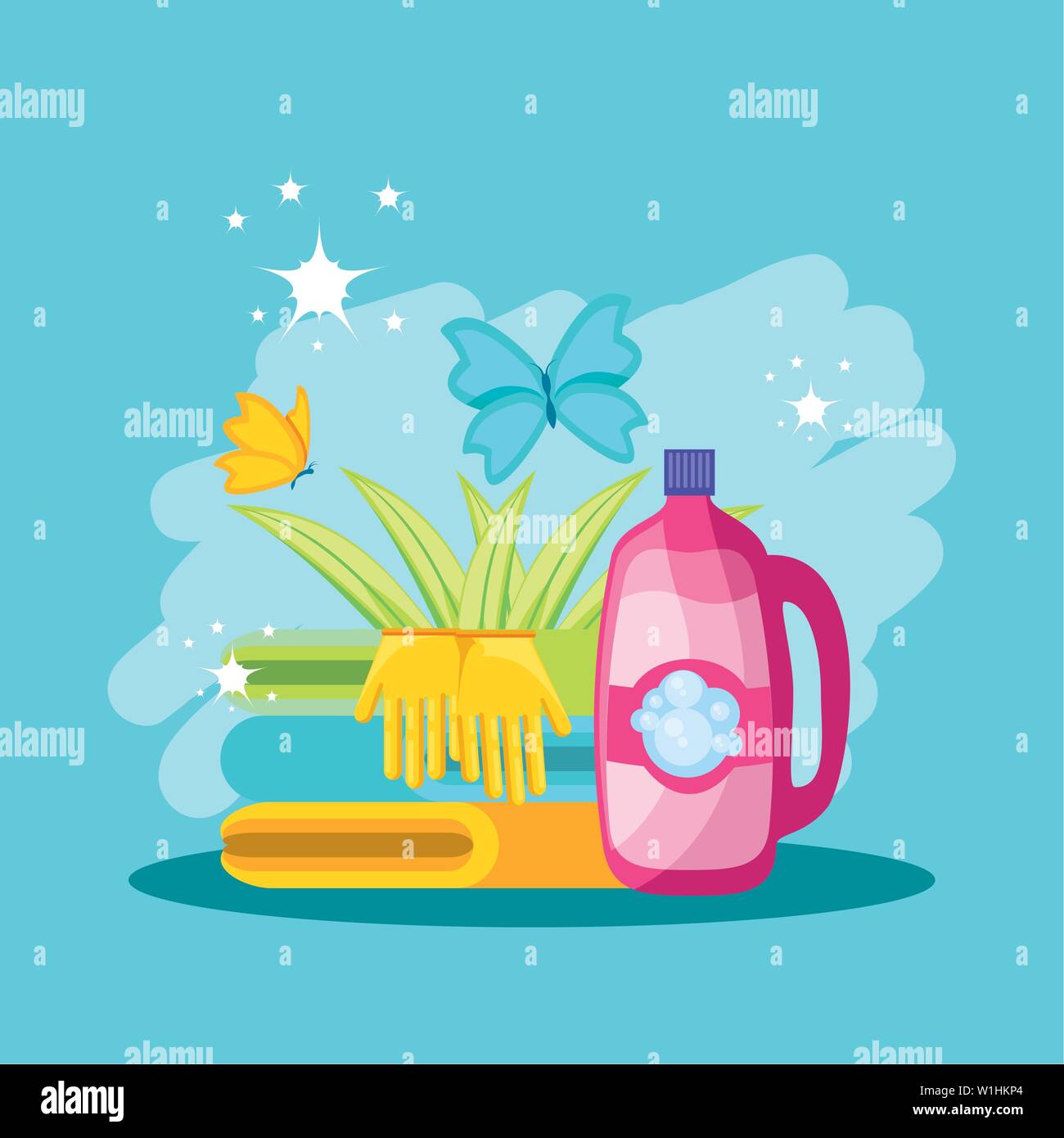 housekeeping tools with gloves and bottle product vector illustration ...