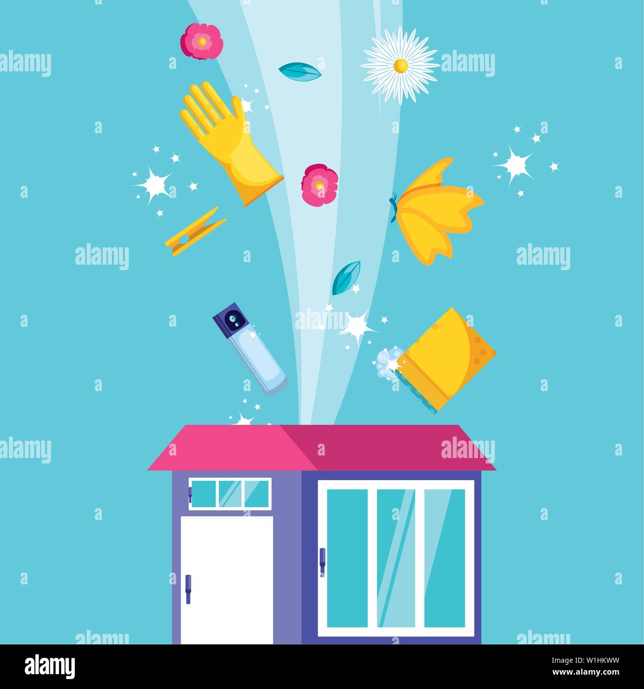 housekeeping tools with facade of home vector illustration design Stock ...