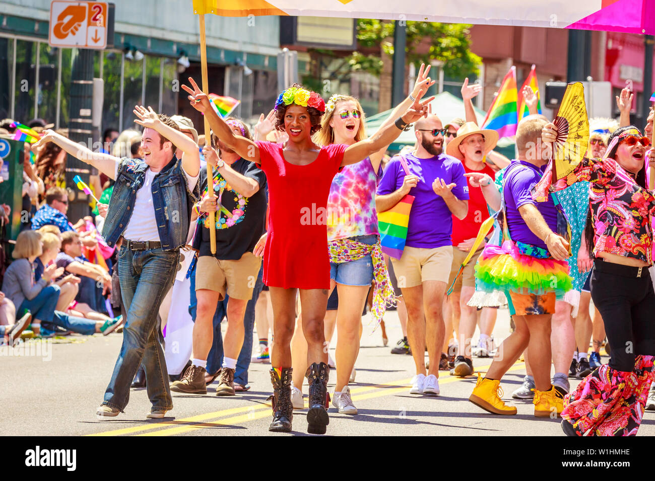 Portland, Oregon, USA - June 16, 2019: Diversified group of people in ...