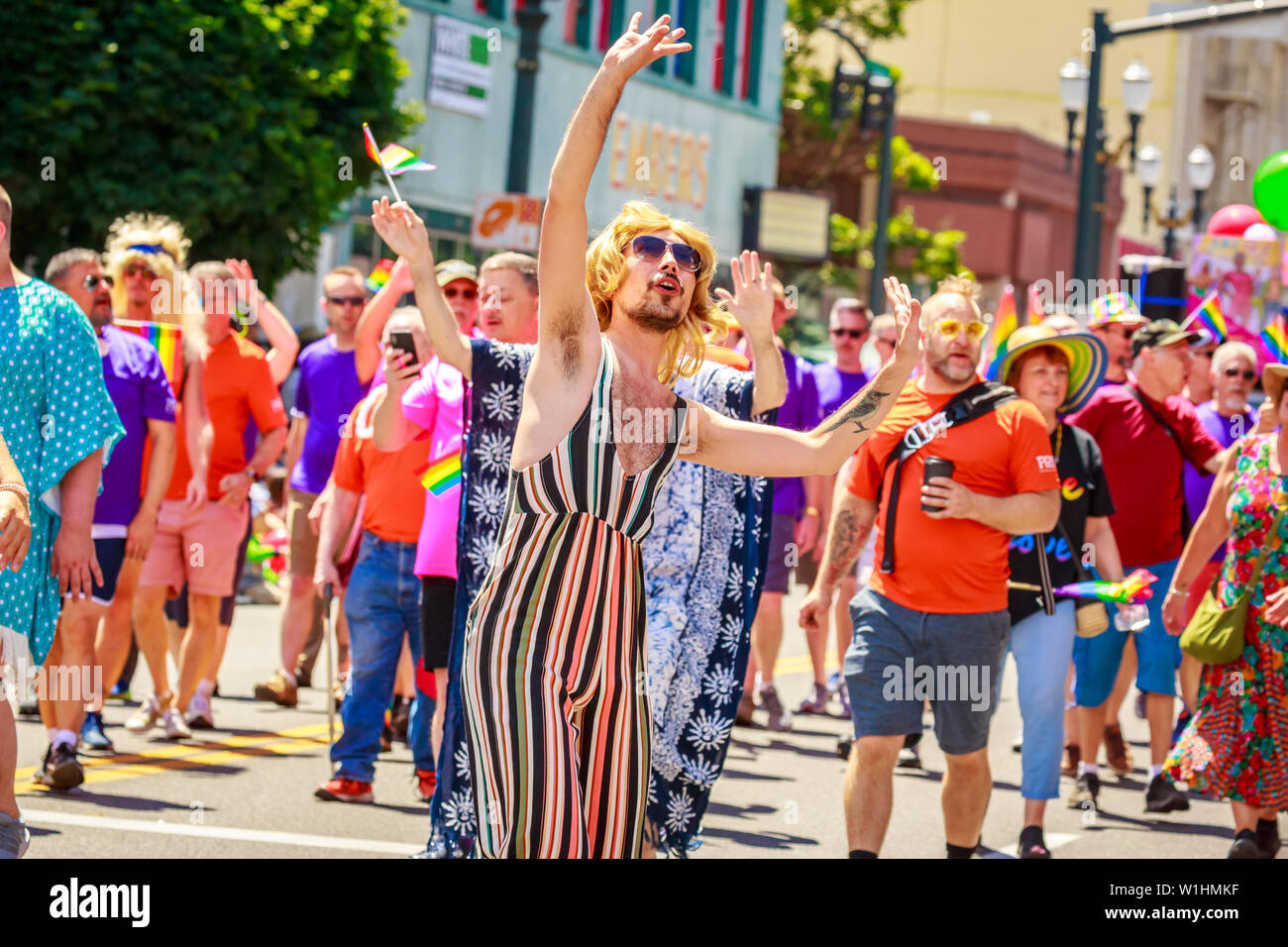 Portland, Oregon, USA - June 16, 2019: Diversified group of people in ...