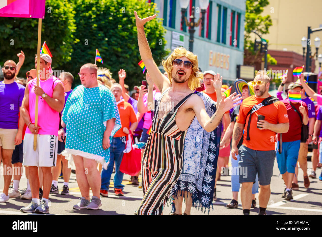 Portland, Oregon, USA - June 16, 2019: Diversified group of people in ...