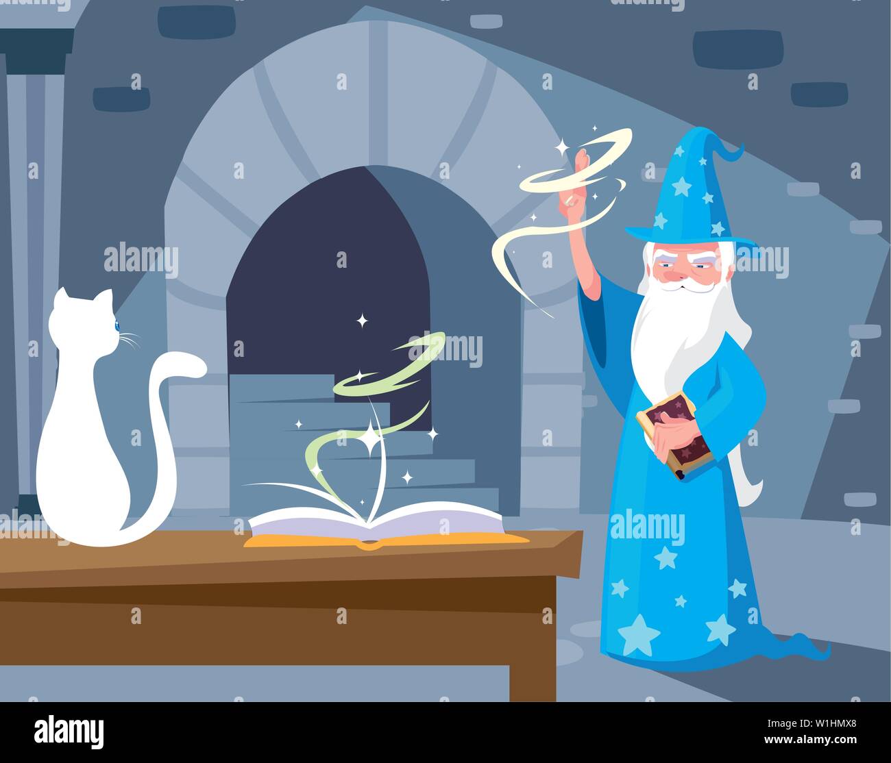 wizard lair scene with cat white vector illustration design Stock ...
