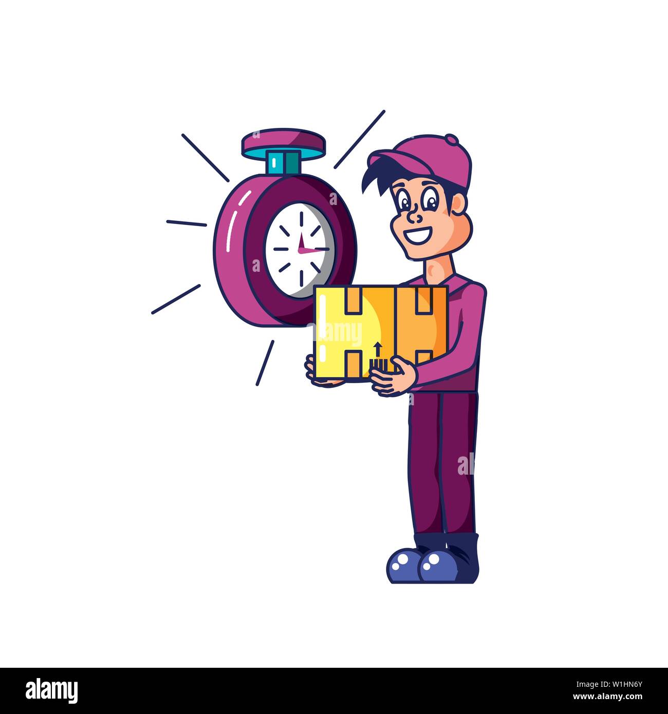 worker delivery service with box and chronometer vector illustration ...