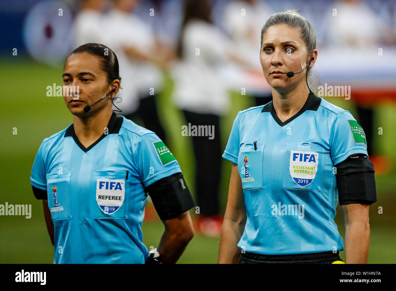 Lyon, France. 02nd July, 2019. Arbitrator Edina Alves Batista and one ...